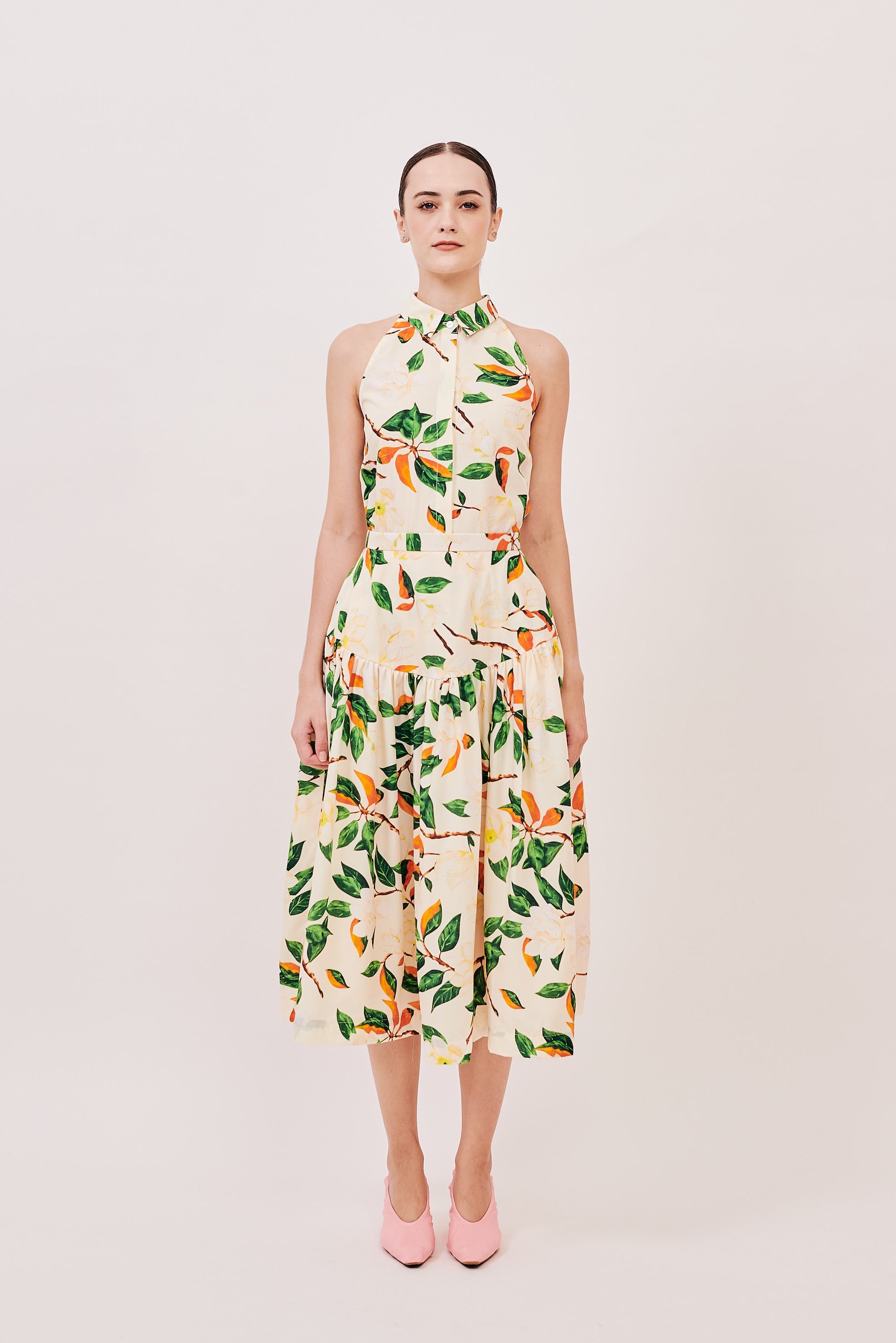 Gathered Hip Flare Midi | White Floral – Maarimaia