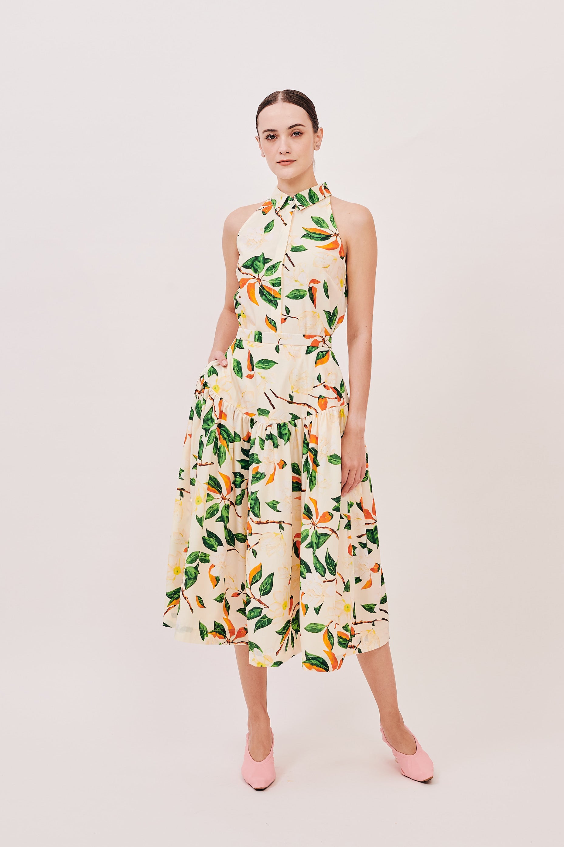 Gathered Hip Flare Midi | White Floral – Maarimaia